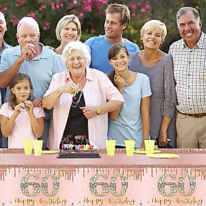 2PCS 60th Birthday Tablecloth Pink Rose Gold 60th Birthday Table Cover Happy 60th Birthday Decorations for Women Plastic Disposable 60th Birthday Table Cloth 60th Birthday Party Supplies (54"x108")