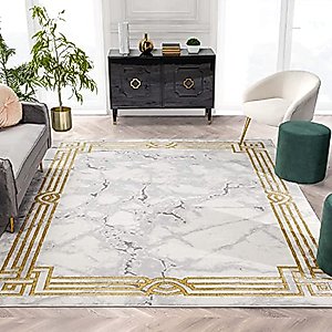 Well Woven Lezlee Ivory & Gold Retro Border Marble Pattern Area Rug (5'3" x 7'3")