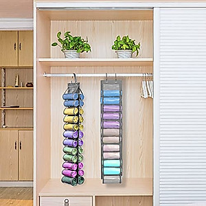 2 Pack Legging Hanging Storage Organizer, HUNTALG Yoga Leggings Space Saving Bag Storage Hanger with 24 Compartment, Foldable Clothes Closets Roll Holder for T-Shirt, Towel, Legging, Jean (Gray)