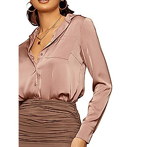 Floerns Women's Satin Long Sleeve Button Up Blouse Work Office Silky Shirts Tops A Pink M