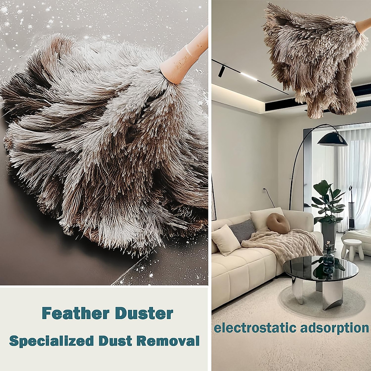 Genuine Ostrich Feather Duster Fluffy Natural with Wooden Handle and Eco-Friendly Reusable Handheld Cleaning Supplies, Gray and Brown(Length 16")