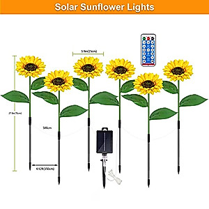 Solar Garden Lights Outdoor, 6 Pack Sunflower Lights 20 Hours Working Time with Remote, 8 Modes Garden Decor Waterproof Decorative Garden Stakes Christmas Gift for Grave Patio Yard Pathway Wedding