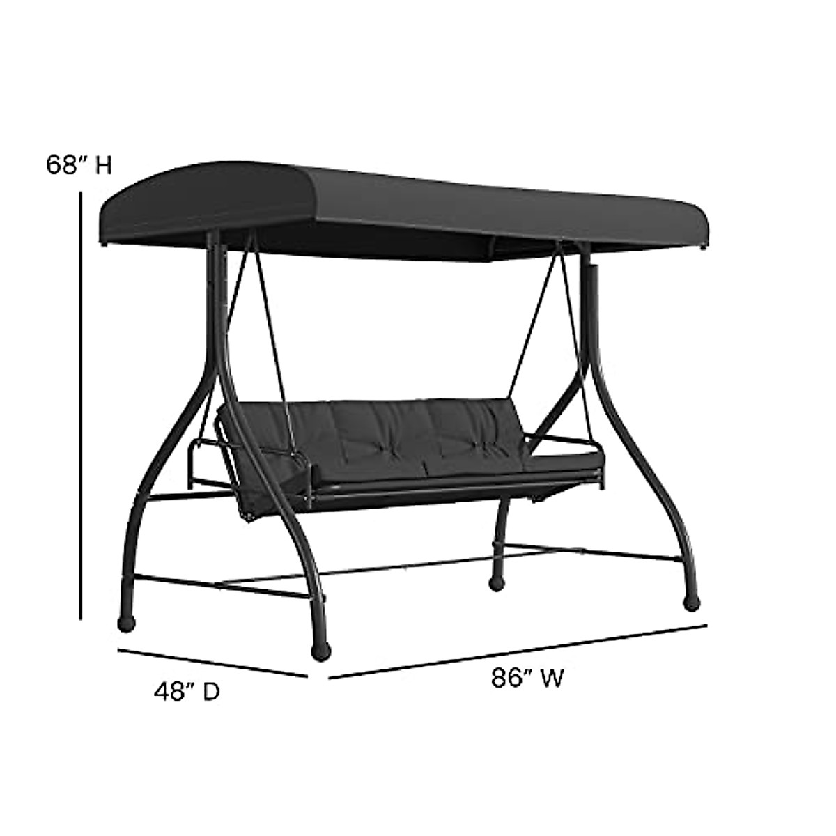 BizChair 3-Seat Outdoor Steel Converting Patio Swing Canopy Hammock with Cushions / Outdoor Swing Bed (Black)