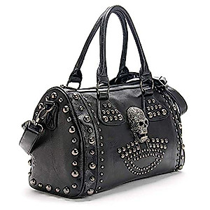 FiveloveTwo Women Skull Handbag Gothic Rivet Tote Satchel Shoulder Crossbody Bag Black