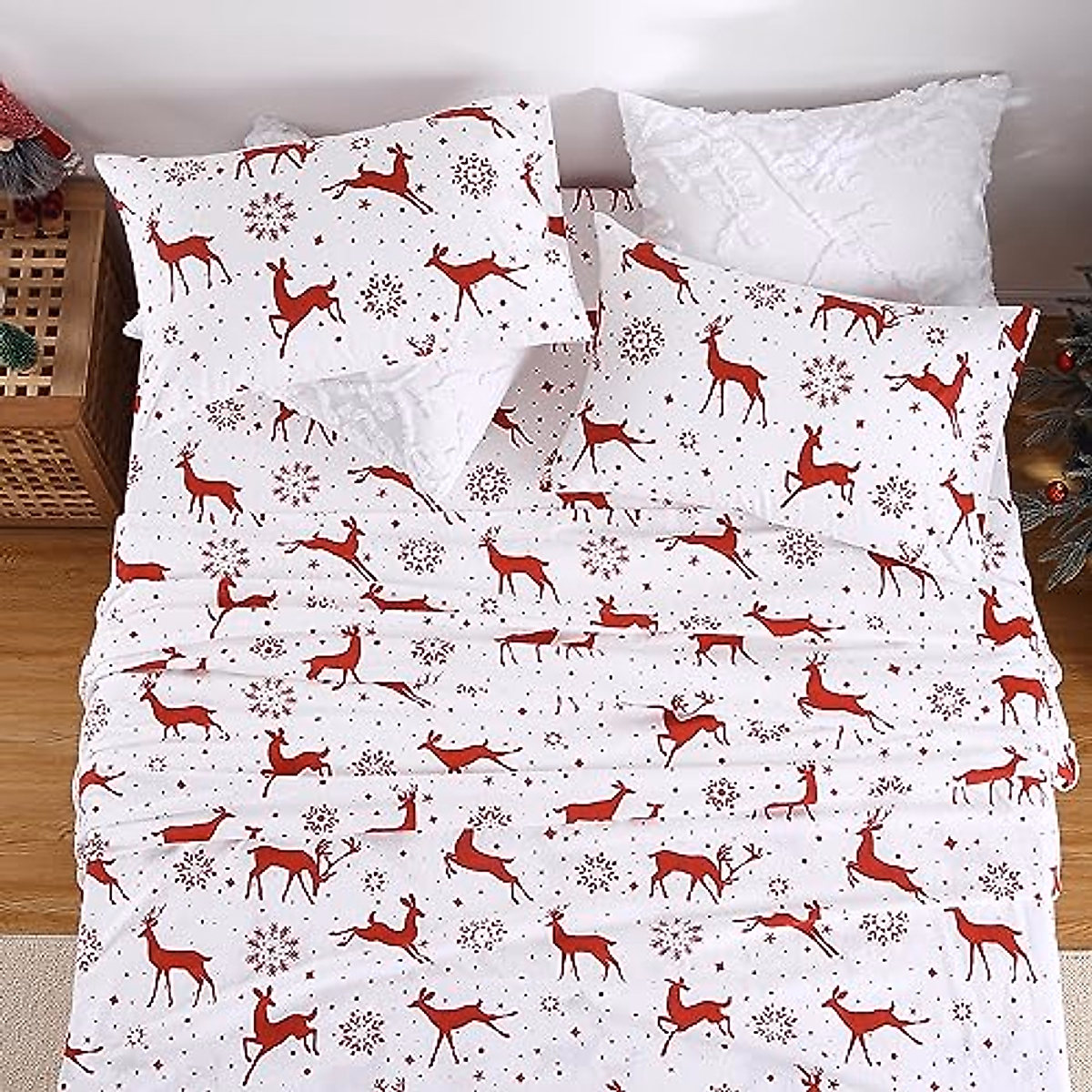 STARBEDIA Christmas Flannel Sheets Twin, 100% Cotton Holiday Bed Sheet Set, Deep Pocket Fitted Sheet, Soft Warm Brushed Christmas Sheet (Twin Size, Red Christmas Deer)