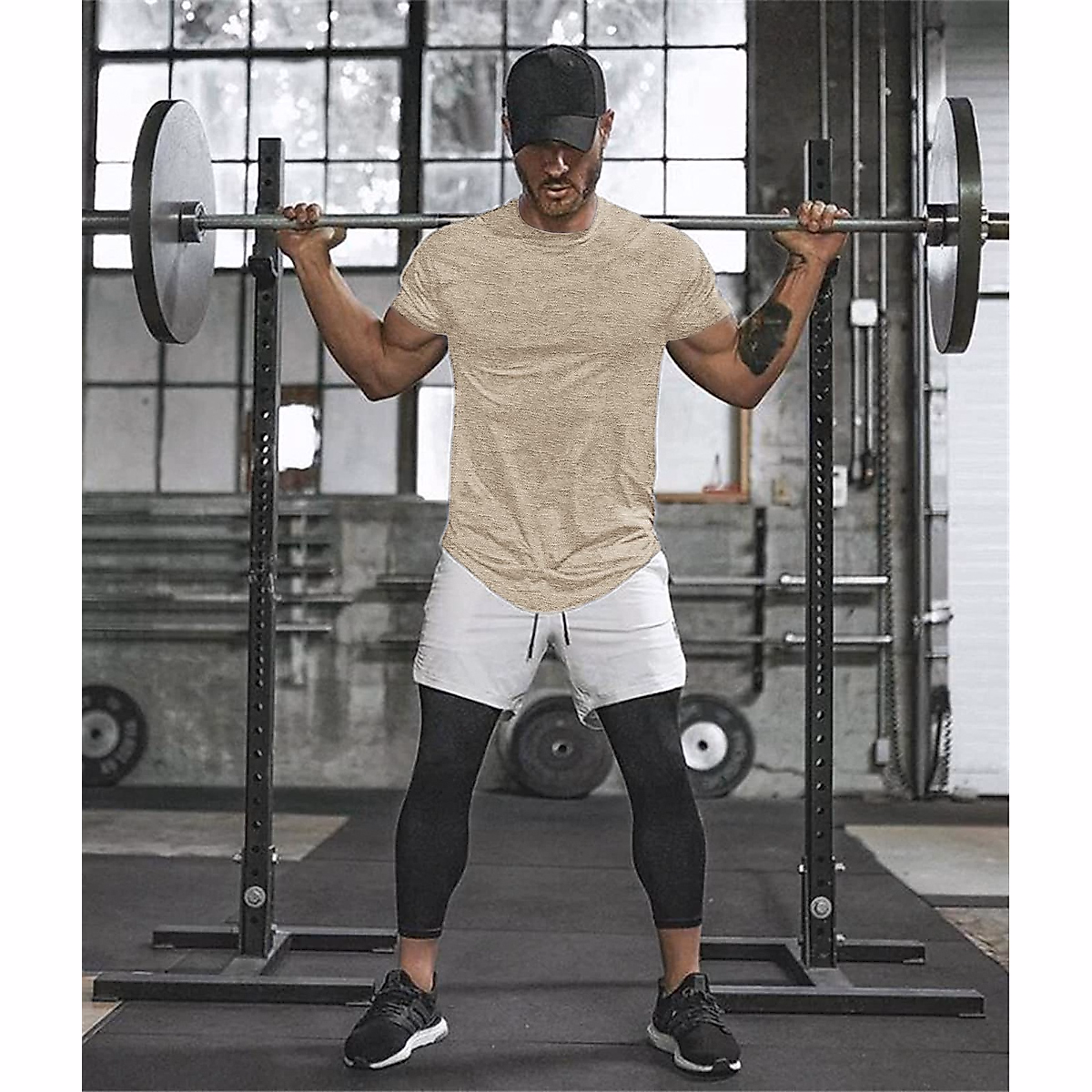 COOFANDY Men Workout T Shirt Pack Cotton Running Short Sleeve Longline Solid Tee Black/Khaki