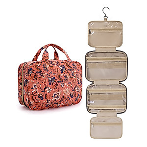 BAGSMART Toiletry Bag Travel Bag with Hanging Hook, Water-resistant Makeup Cosmetic Bag Travel Organizer for Accessories, Shampoo, Full Sized Container, Toiletries (Red Floral, Large)