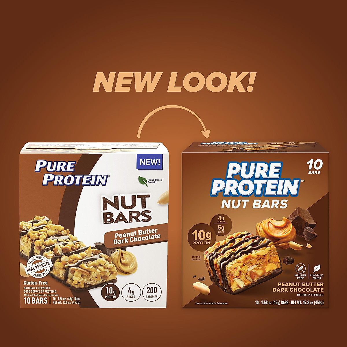 Pure Protein Nut Bars, Peanut Butter Dark Chocolate, 10g Protein, Gluten Free, Low Sugar, 1.65 oz, 10 Pack (Packaging may vary)