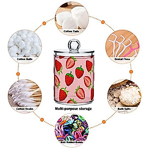 Vnurnrn Clear Plastic Jar Set for Cotton Ball, Cotton Swab, Cotton Round Pads, Floss, Strawberry Pattern with Berries Bathroom Canisters Storage Organizer, Vanity Makeup Organizer,2Pack