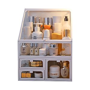 MOOCHI White Vintage Glass Cosmetic Makeup Organizer 3 Drawers Set Dust Waterproof Cosmetics Storage Display Case Countertop for Brushes Lipsticks Jewelry