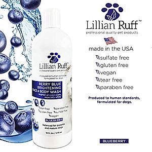 Lillian Ruff Berry Blue Brightening Face and Body Wash for Dogs and Cats - Tear Free Blueberry Shampoo - Remove Tear Stains, Hydrate Dry Itchy Skin, Add Shine & Luster to Coats - Made in USA (16oz)