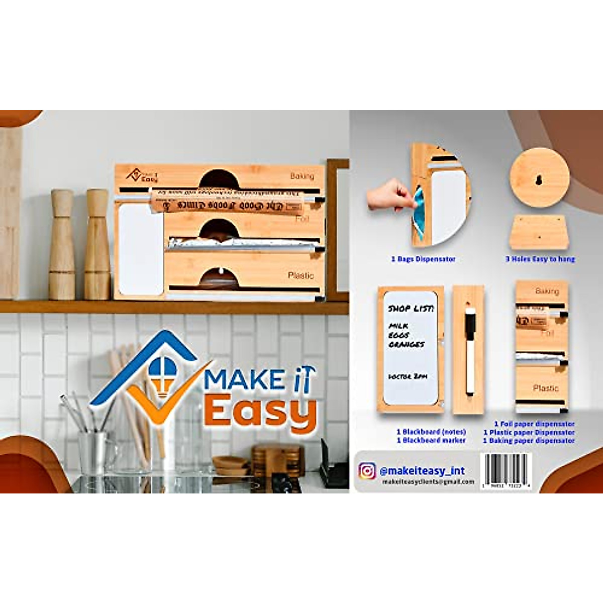 Make It Easy, Plastic Wrap Dispenser - 5 In 1 Wrap Organizer with Blackboard & Side Bag Dispenser - Foil & Wax Dispenser for Kitchen Storage Drawer - 4 Slot