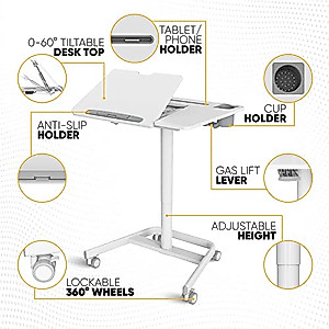 Mobile Adjustable Height Standing Desk - Rolling Laptop Desk Pneumatic Height Adjustable - Portable Workstation Computer Table Stand - Mini Standing Desk for Small Office Spaces