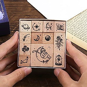 Dizdkizd 12 Pieces The Little Prince Rubber Stamp Set, Celestial Stamps Tiny Wooden Decorative Stamp for Scrapbooking, Journaling, Letters, Arts and Crafts