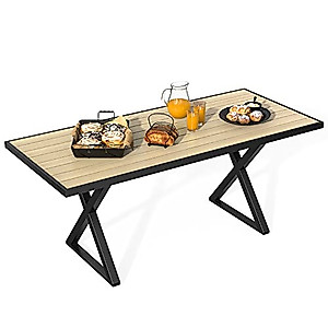 YITAHOME Outdoor Patio Dining Table for 6, Rectangular Table with Faux Wood Tabletop and Umbrella Hole, Outdside Table for Patio Balcony Proch Poolside - Black & Nature Wood