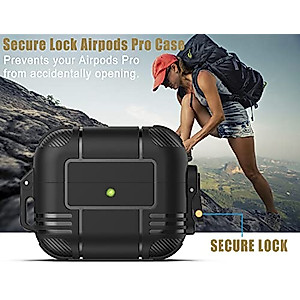Gawnock Upgraded Secure Lock Airpods Pro Case Cover, One Piece Military Armor Cool Rugged AirPod Pro Cases with Keychain for Men Hard Shell Shockproof for Apple AirPod Pro 2019 (Black)