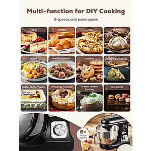 Stand Mixer Fohere, with Double Dough Hook, Wire Whip & Beater, 6+ P Speed Tilt-Head Food Mixer, Pouring Shield for Home Cooking, Dishwasher Safe Stainless Steel Bowl with Handle (Black)