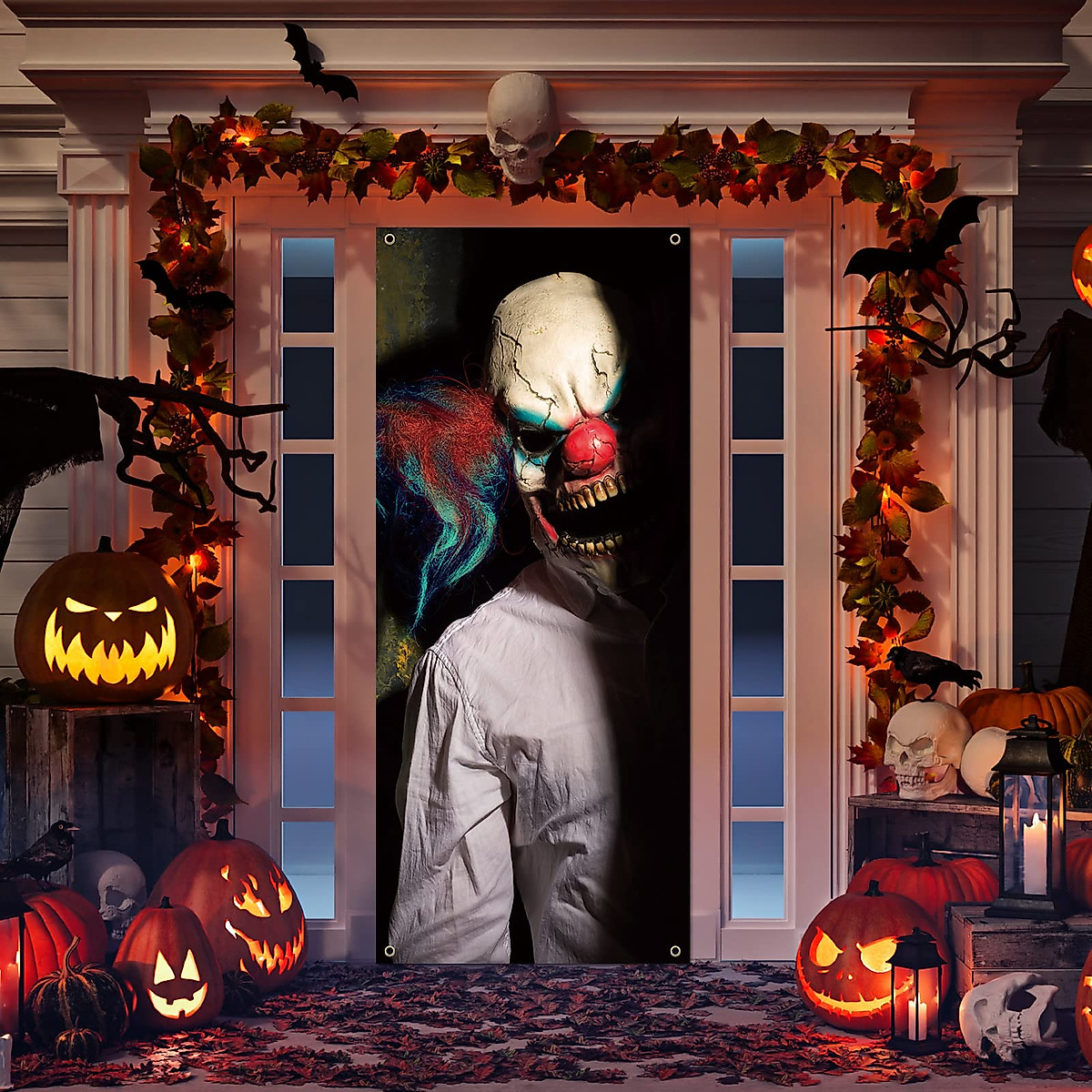 Tranqun Halloween Clown Decorations Scary Clown Ghost Door Cover 79 x 35 Inches Creepy Clown Window Decals Garage Door Backdrop Wallpaper Sticker for Halloween Party Favors Home Decor(Clown)