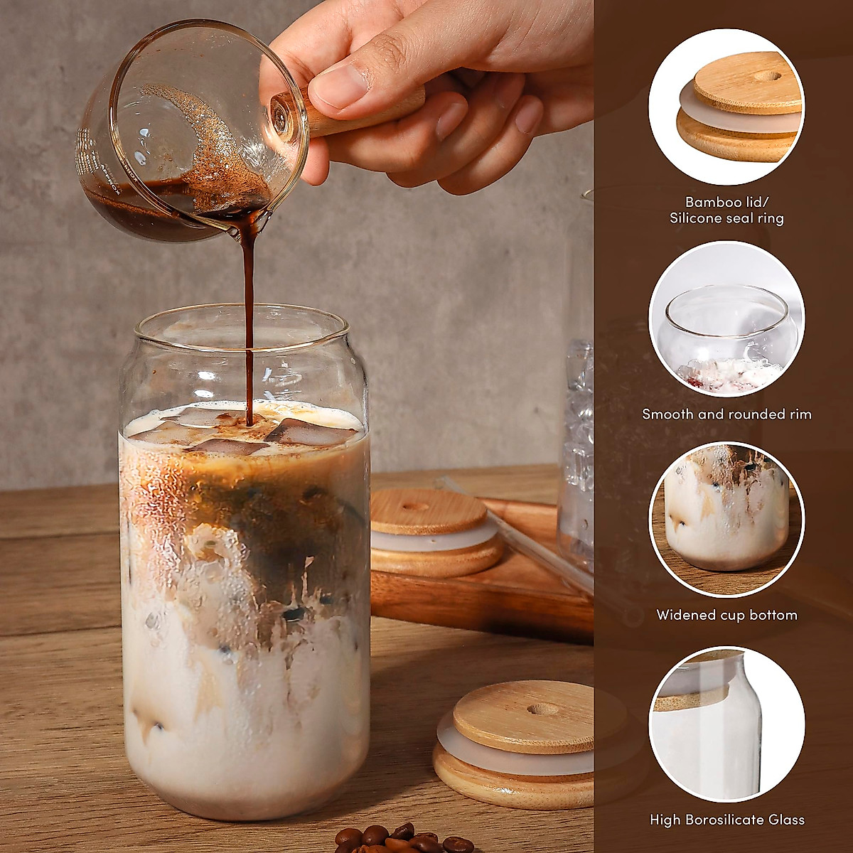 wirsh Drinking Glasses, 4pcs 18oz Can Shaped Glass Cups with Bamboo Lids and Glass Straw,Cute Tumbler Cups for Iced Coffee, Beer, Tea, Coffee Bar Accessories, Giftable