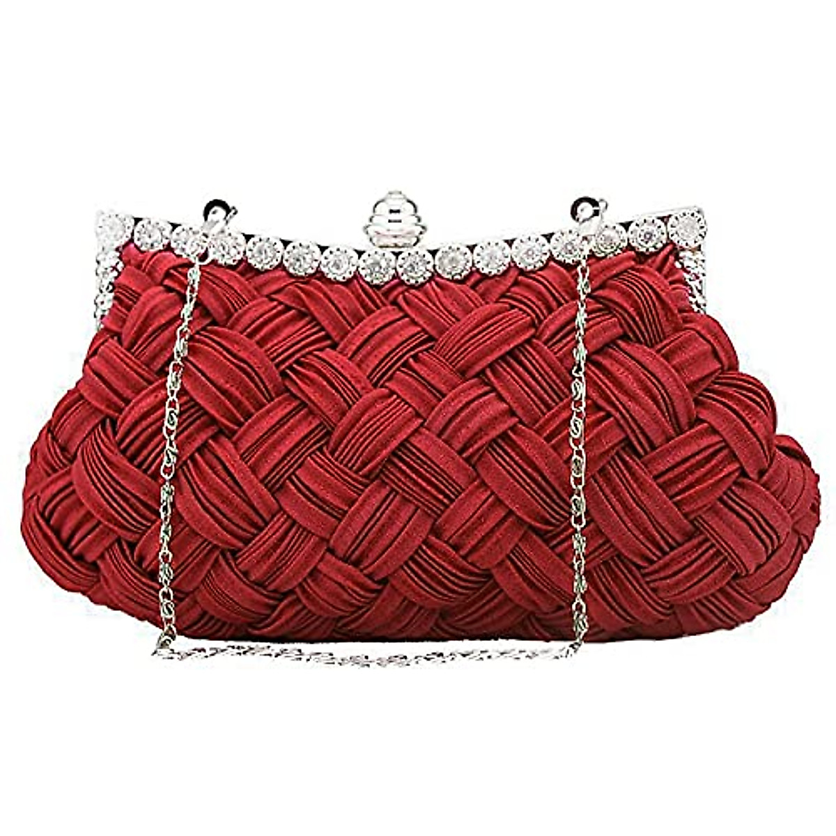Felice Ann Glitter Rhinestone Woven Evening Clutch Party Handbag Chain Strap Crossbody Shoulder Bag, Woven Red