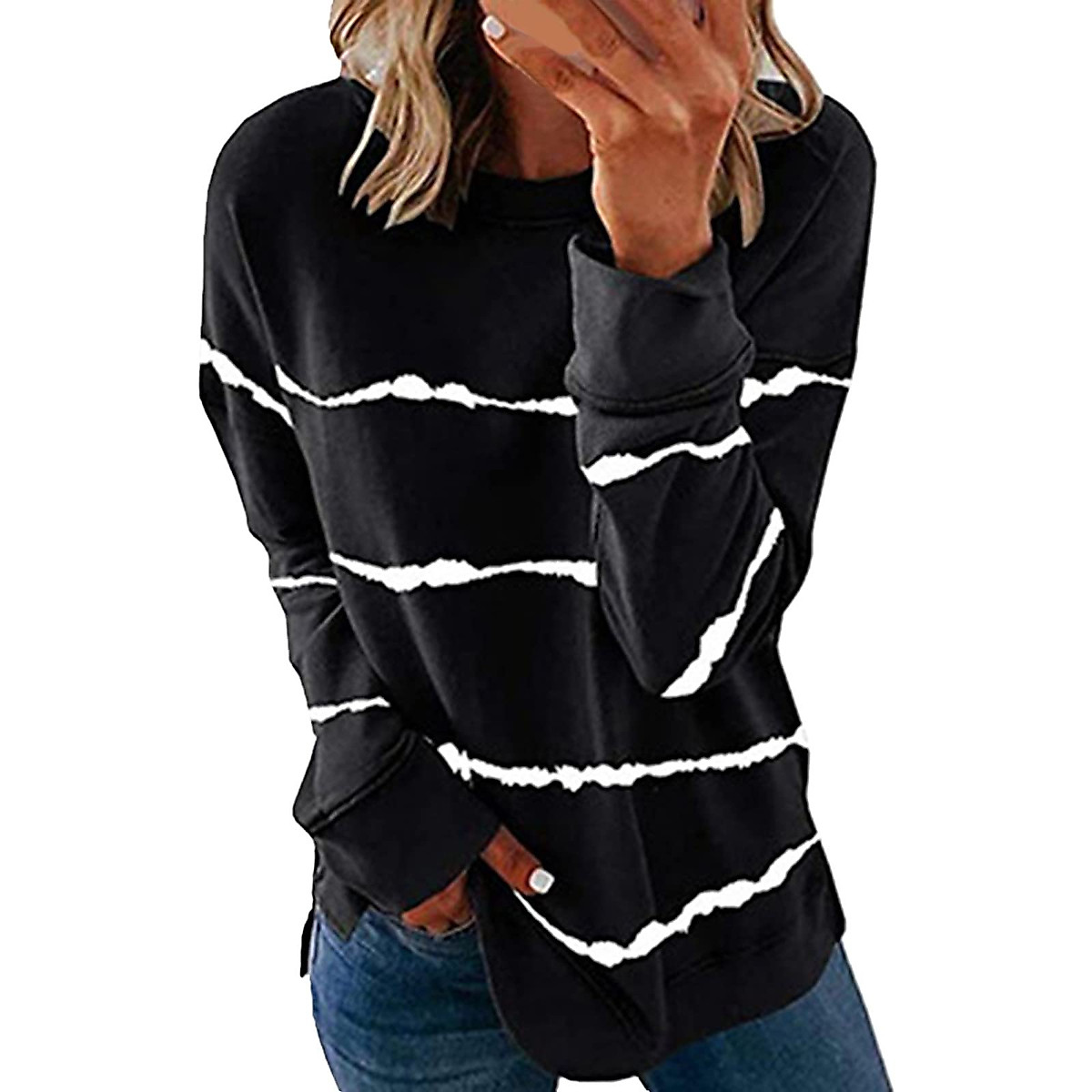 Fall Tops for Women, Women's Sweatshirts Crewneck Long Sleeve Striped Printed Loose Pullover Comfy Blouse Tunic Shirt