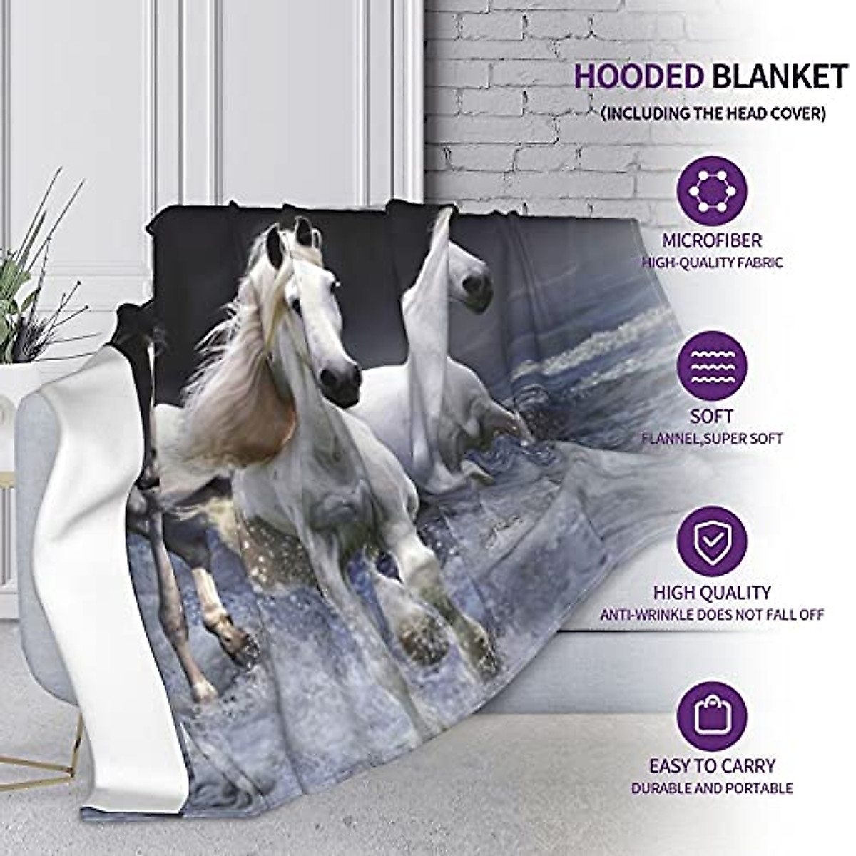 Hooded Blanket Throw Horse Running Hoodie Blanket Wearable Blanket Microfiber Soft Hooded Blanket for Kids Men Women
