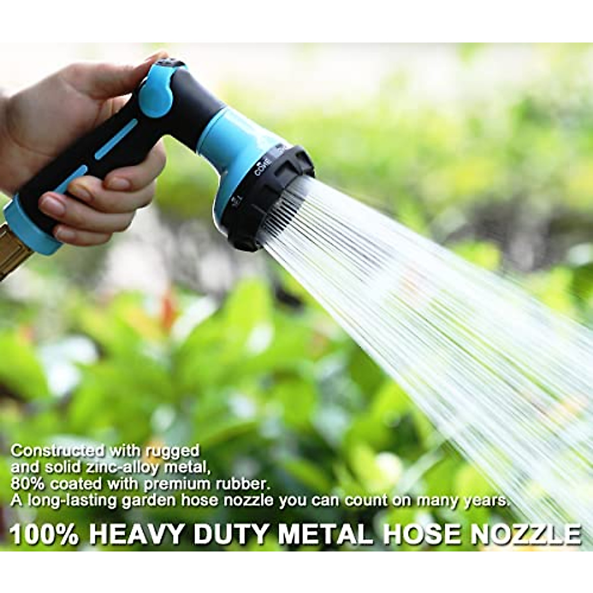 ESOW Garden Hose Nozzle 100% Heavy Duty Metal, Water Hose Sprayer with 8 Watering Patterns, Thumb Control On Off Valve, High Pressure Nozzle Sprayer for Watering Plants, Car and Pet Washing, Blue