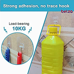 belzo Adhesive Wall Hook, Transparent Non-Marking Sticker for Hanging,10 Pack, Heavy Duty 22 Ibs, Waterproof, Oilproof for Kitchen, Washroom, Living Room, Office