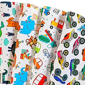BULKYTREE Birthday Wrapping Paper for Boys Kids, 12 Sheets Dinosaur, Monster Truck, Happy Animals Design Gift Wrap for Kids Birthday, Baby Shower and Holiday - 20 x 29 Inch Per Sheet