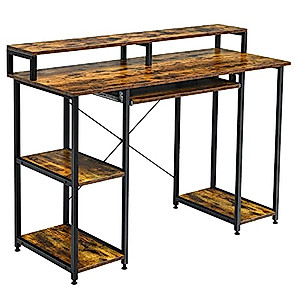 COSTWAY Computer Desk, 47’’ Home Office Table with Hutch, Book Shelves, Pull-Out Keyboard Tray, Monitor Stand, Industrial Writing Laptop Desk, for Workstation, Rustic Brown