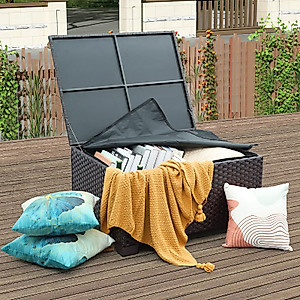 WAROOM Outdoor PE Wicker Coffee Table - Resin Rattan Patio Table Garden Furniture Backyard Storage Table with Waterproof Lining Bag, Brown