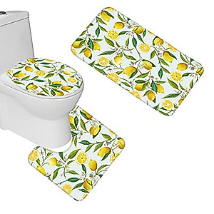 Amagical Lemon Set Decor Fruit Citrus Flowers Leaves Pattern 16 Piece Bathroom Mat Set Shower Curtain Set Bath Mat Contour Mat Toilet Cover Shower Curtain and 12 Hooks