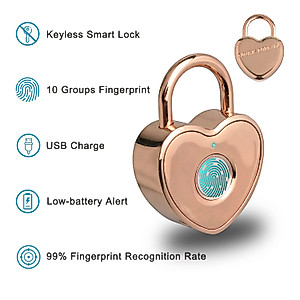 Tcyoatoa Heart Shaped Fingerprint Padlock, Small Smart Padlock for Gym Locker, Backpag, School, Mailbox, Travel Suitcase (Rose Gold)