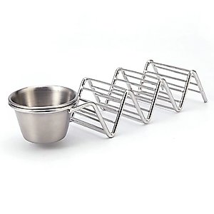 Taco Holder Stand, Stainless Steel Taco Rack 3 Grid V Shaped Taco Holder Rack Taco Tray with Sauce Cup, Metal Corn Tortilla Serving Tray Taco Plates Can Hold 3 Tacos for Home (with Sauce Cup)