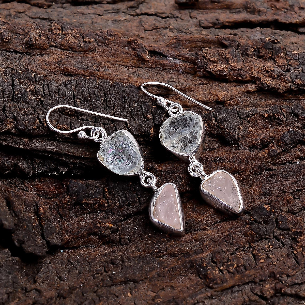 925 Sterling Silver Drop Earrings, Natural Raw Aquamarine Rose Quartz Gemstone Women Gift Jewelry RSE1003