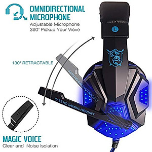 Gaming Headset with Mic and LED Light for Laptop Computer, Cellphone, PS4 and so on, DLAND 3.5mm Wired Noise Isolation Gaming Headphones - Volume Control.(Black and Blue)