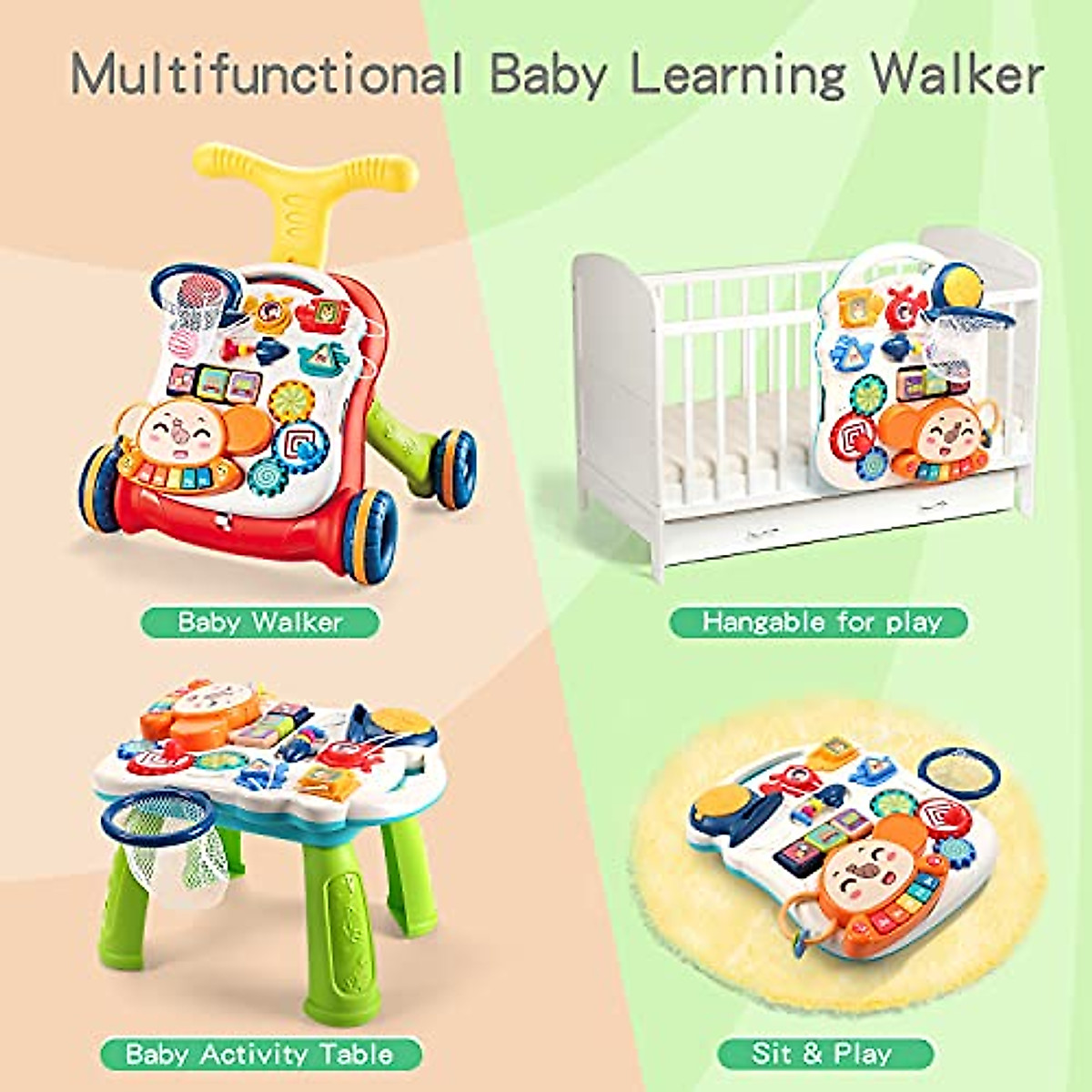 CUTE STONE Sit-to-Stand Learning Walker, 2 in 1 Baby Walker, Early Educational Child Activity Center, Multifunctional Removable Play Panel, Baby Music Learning Toy Gift for Infant Boys Girls