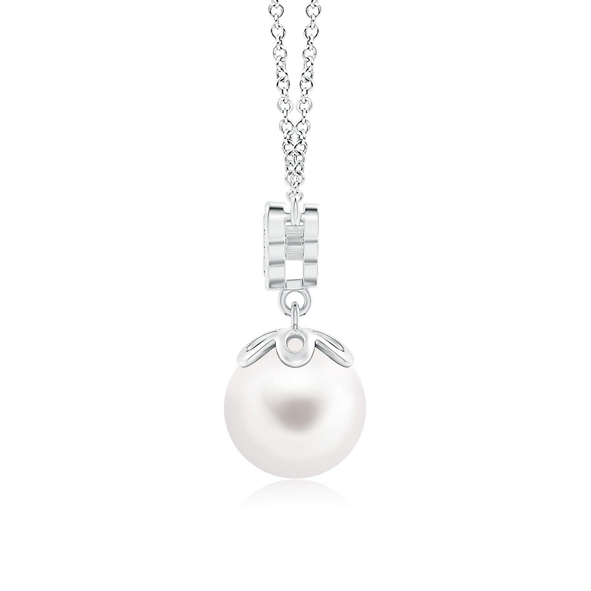 Angara Freshwater Pearl Necklace with Graduated Diamonds in Silver (8mm) - June Birthstone