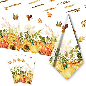 PARSUP 4PCS Thanksgiving Disposable Tablecloth Party Supplies, 108 × 54 inch, Autumn Theme Pumpkin Maple Leaves Fall Tablecloth Plastic Waterproof Tablecover Decorations