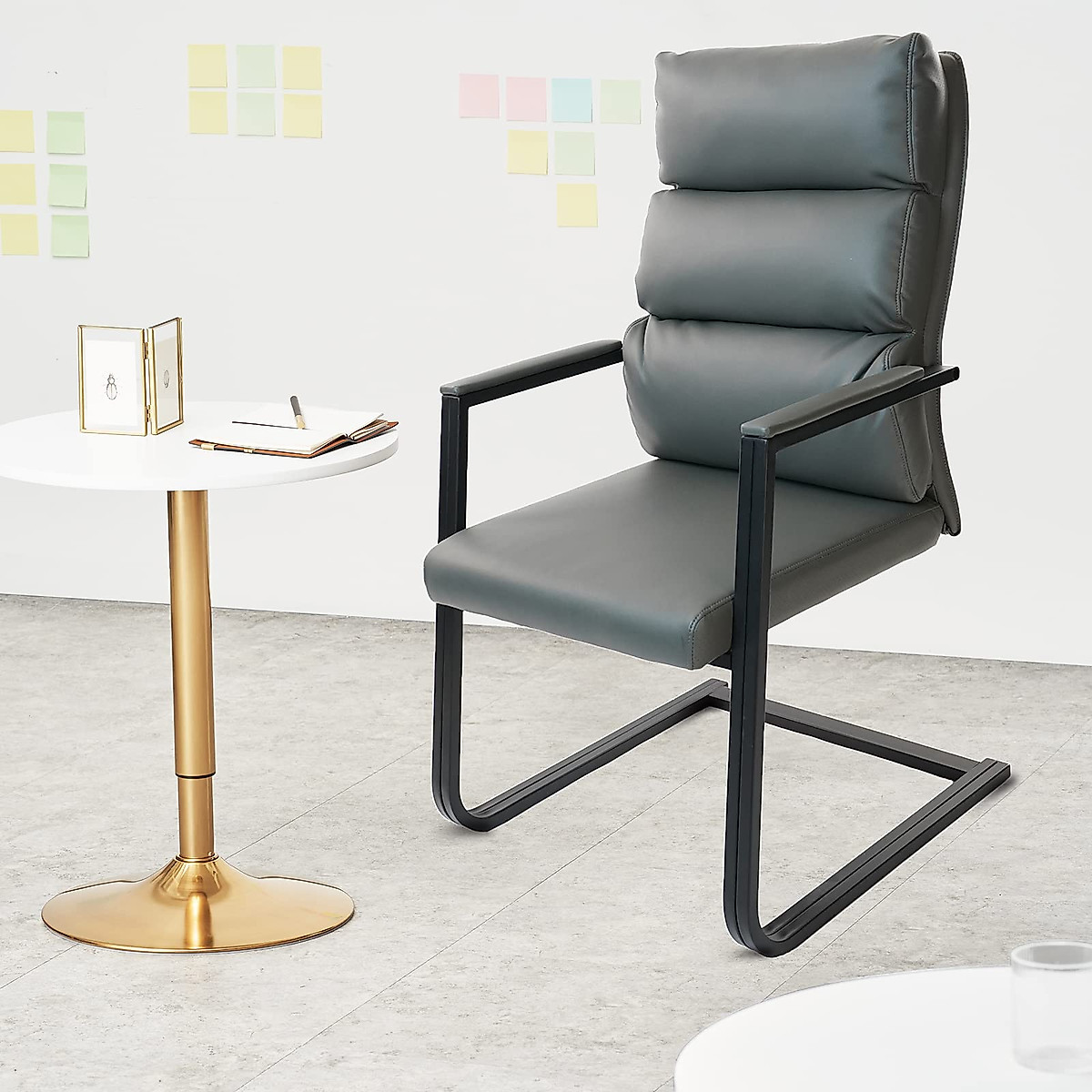 CLATINA Big Tall Office Guest Chair Upholstered Leather Comfortable Reception Chairs with Bonded Padded Arm Rest Sled Base for Conference Waiting Room Home Gray Set of 4