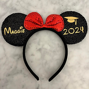 Personalized Graduation Mouse Ears for Class of 2024, Custom Graduation Gifts, Black Sequin Headband with Red Sequin Bow