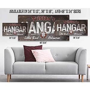 Personalized Hangar Airplane Print - Custom Print with Name and City State, Pilot Name Print and Aviation Sign, Antique Airplane Decor and Man Cave Gift, Rustic Metal Style Canvas Print 12x24