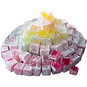 Cerez Pazari Turkish Delight with Rose, Orange and Lemon Mix Flavours 8.1 Oz Gourmet Small Size Snacks Gift Box, No Nuts Sweet Traditional Confectionery Vegan Candy Dessert Lokum Loukoumi Approx.32Pcs