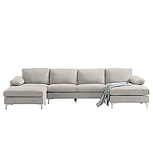 Eafurn U-Shaped Sectional w/Reversible Chaise Lounge and Ottoman, 128.3”5-Seater Convertible Corner Modern Design Comfy Sofa & Couch for Living Room Office, Light Grey