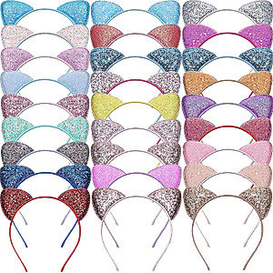 Janinka 30 Pcs Cat Ears Headband for Girls Glitter Sequin Cat Hairbands Shiny Kitty Headband Hair Metal Hoop Hair Accessories for Women Girls Daily Wearing Birthday Party Decoration