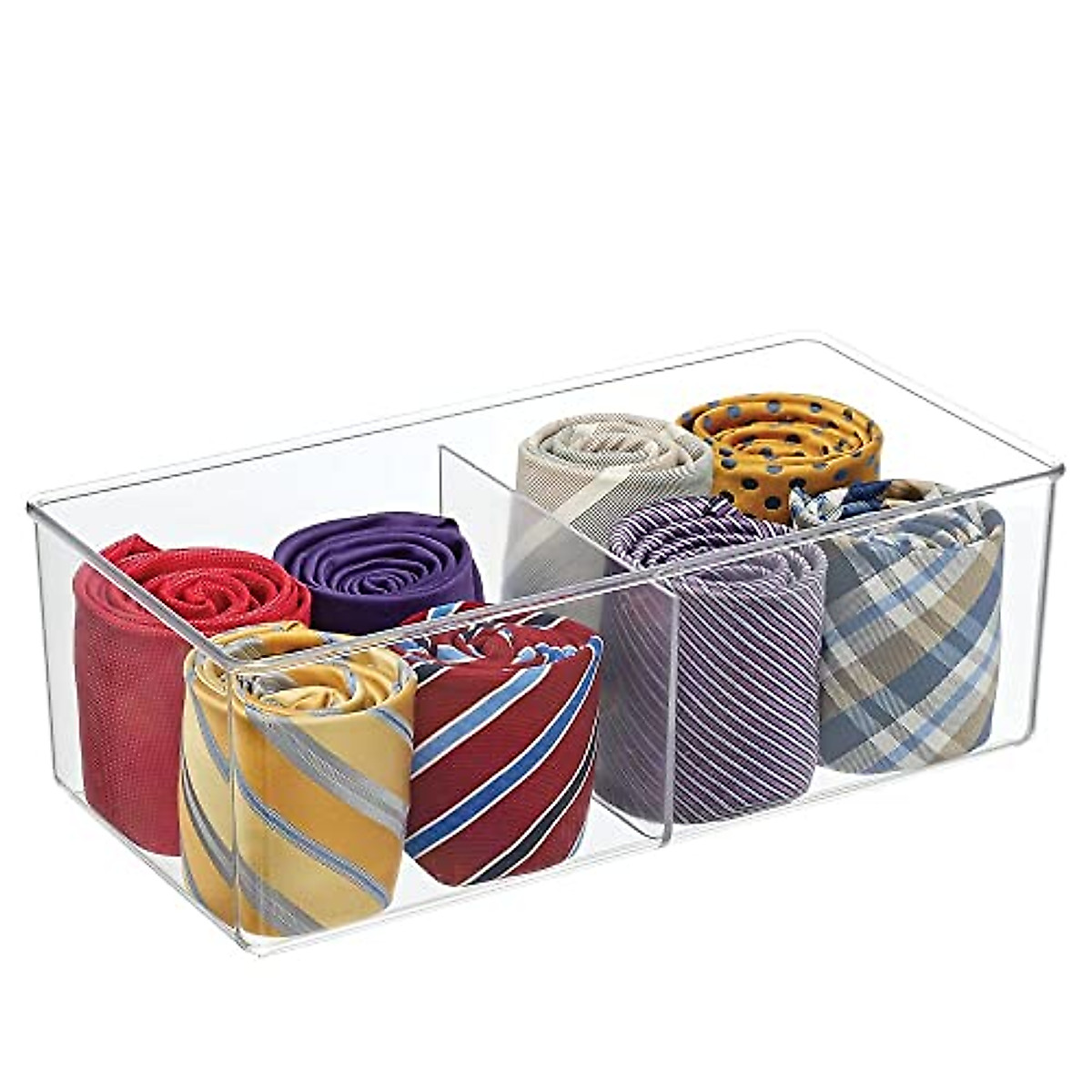 mDesign Plastic 2 Compartment Divided Drawer and Closet Storage Bin - Organizer for Scarves, Socks, Bras, and Underwear - Dress Drawer Organizer, Shelf Organization -2 Pack - Clear