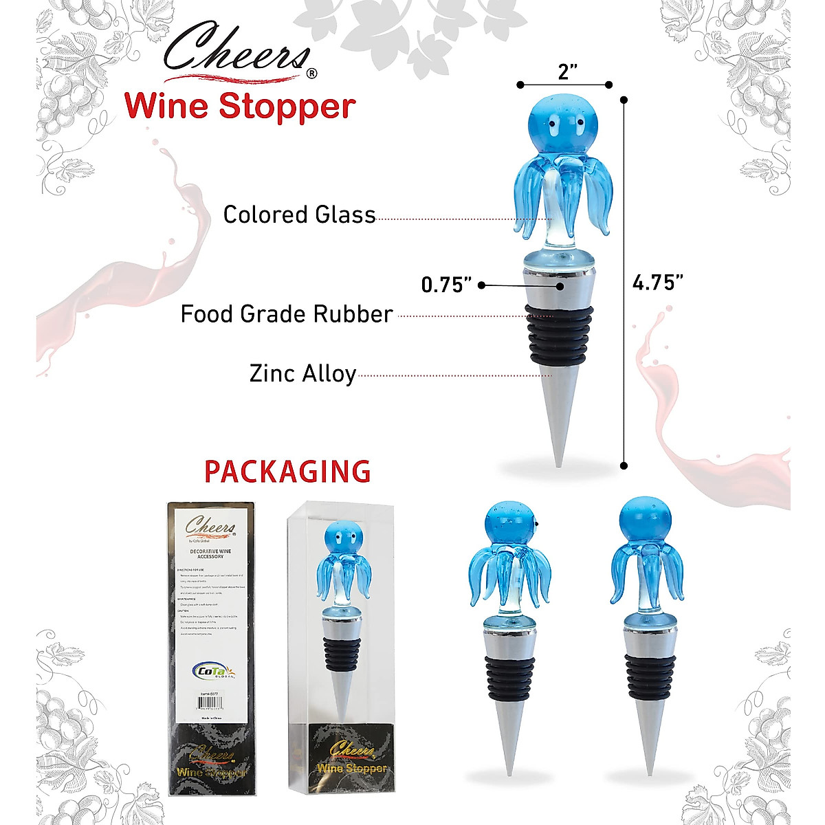 Cheers Octopus Glass Wine Stopper – Elegant Vacuum Seal Reusable Nautical Ocean Life Wine Bottle Stopper – Airtight Leak Proof Bottle Topper Cork Plug, Cute Home Decor & Bar Tool Accessory Gift