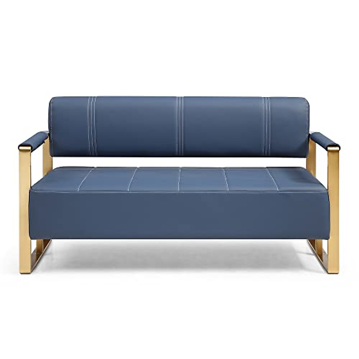 BIAYE Set 57.9" Width Modern Upholstery Faux Bonded Leather Loveseat Living Room Accent Love Seats for Small Spaces 2 Seater Couch Sofa Studio Furniture with Golden Metal Arms,Blue