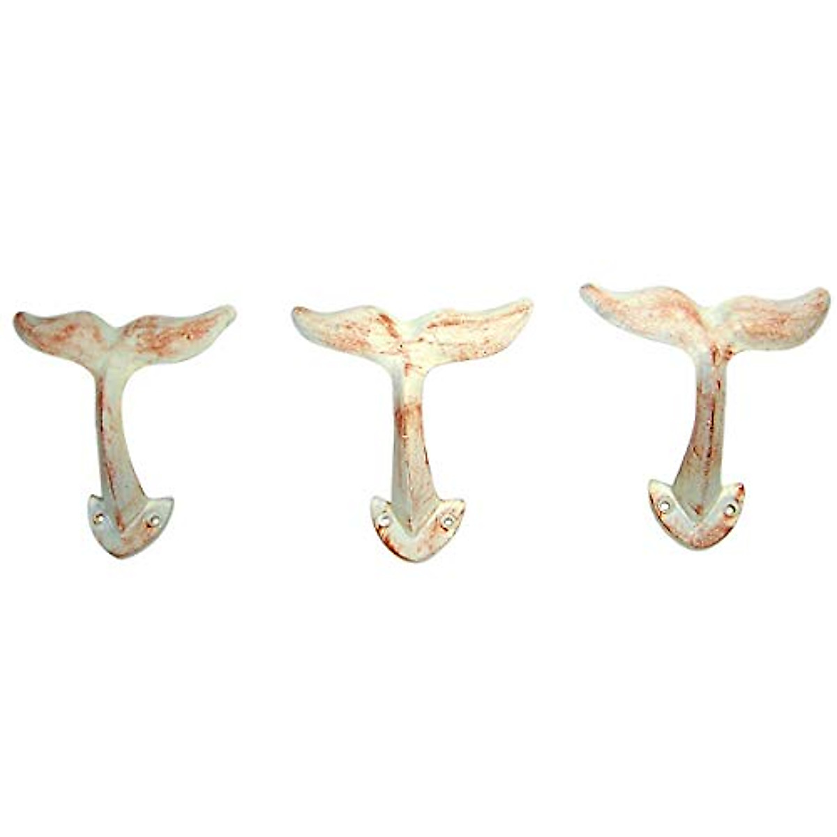 Rustic White Cast Iron Whale Tail Wall Hooks, 4 1/2 Inches, Set of 3