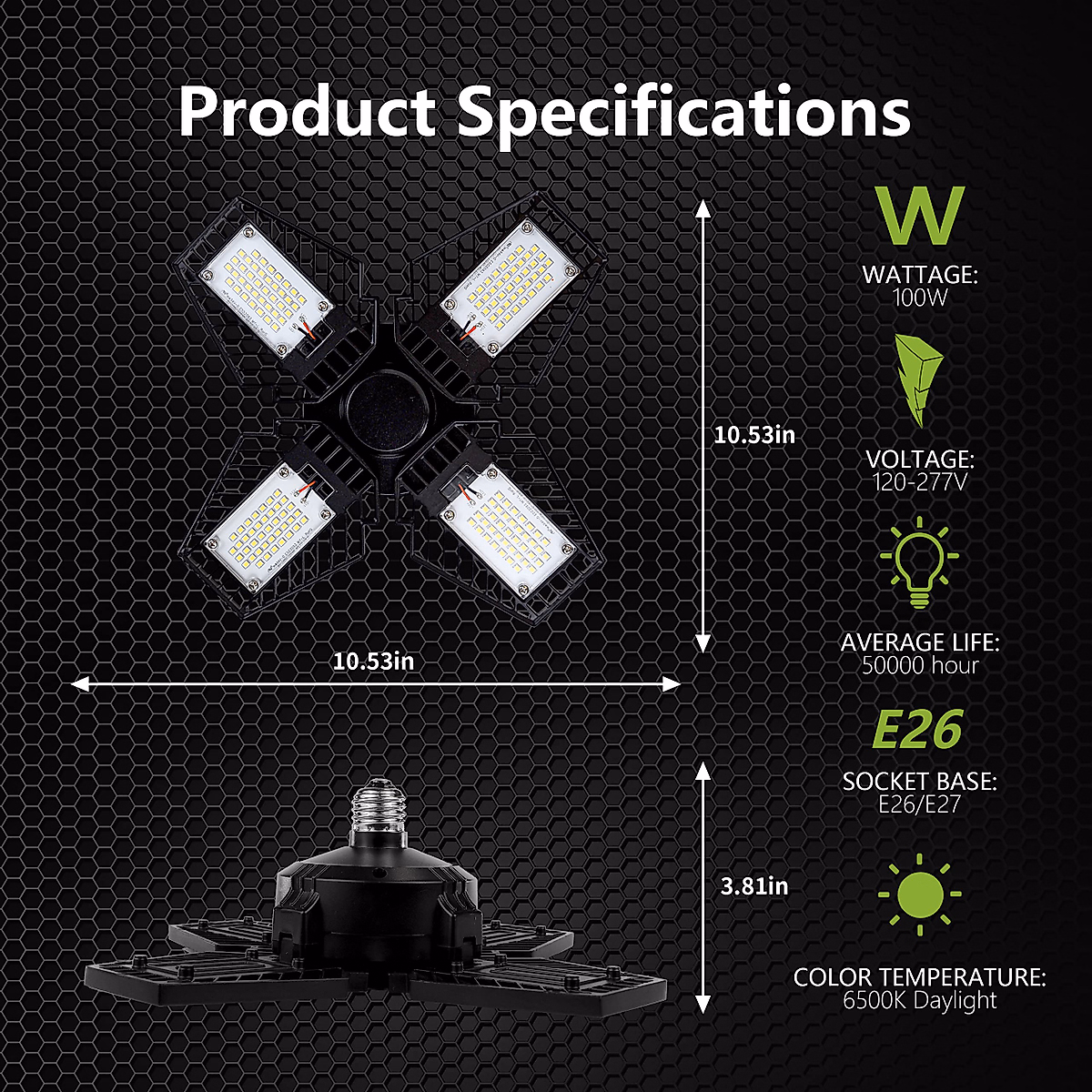 Pinegreen Lighting Led Garage Light, 100w 12000lm Garage Ceiling Lights, 6500k E26/E27 Led Shop Light with 4 Adjustable Panels for Garage Workshop Warehouse Basement High Bay Light